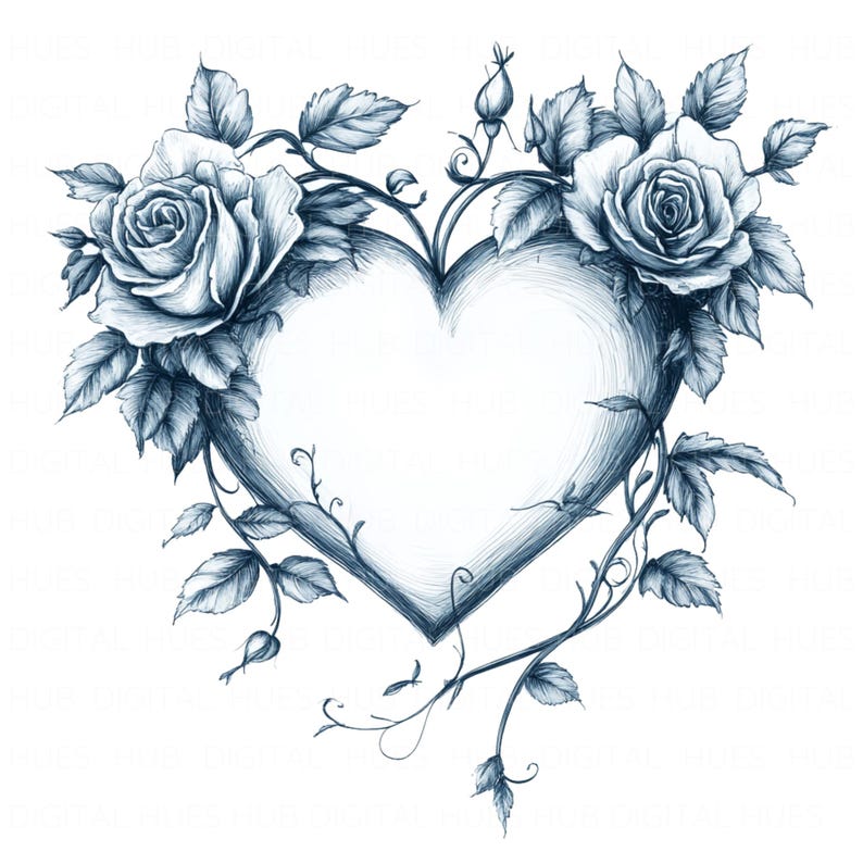 10 Rose Heart Sketch Clipart Watercolor Printable Floral Heart High ...