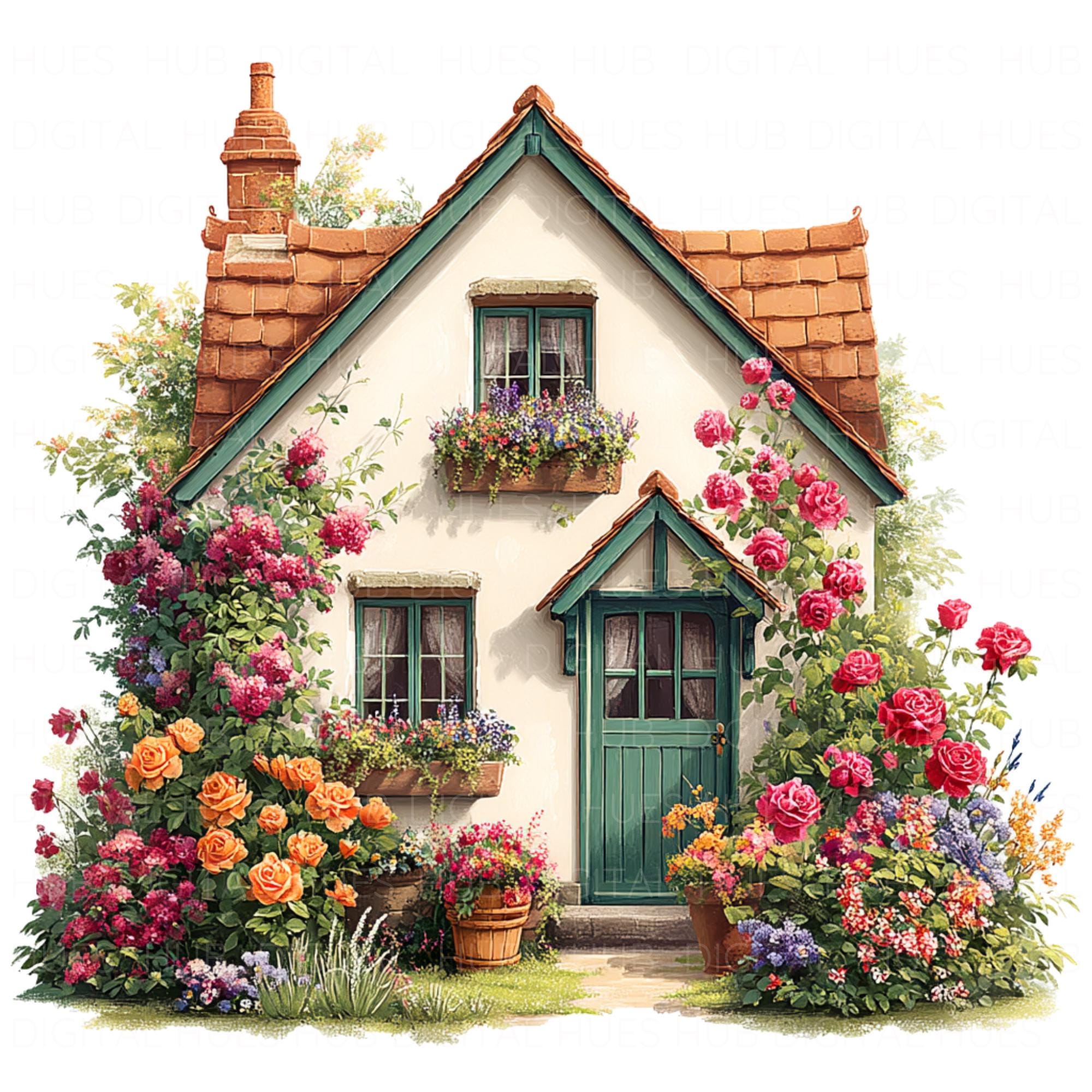 17 Floral Cottage Clipart Watercolor Floral Cottage Garden English ...