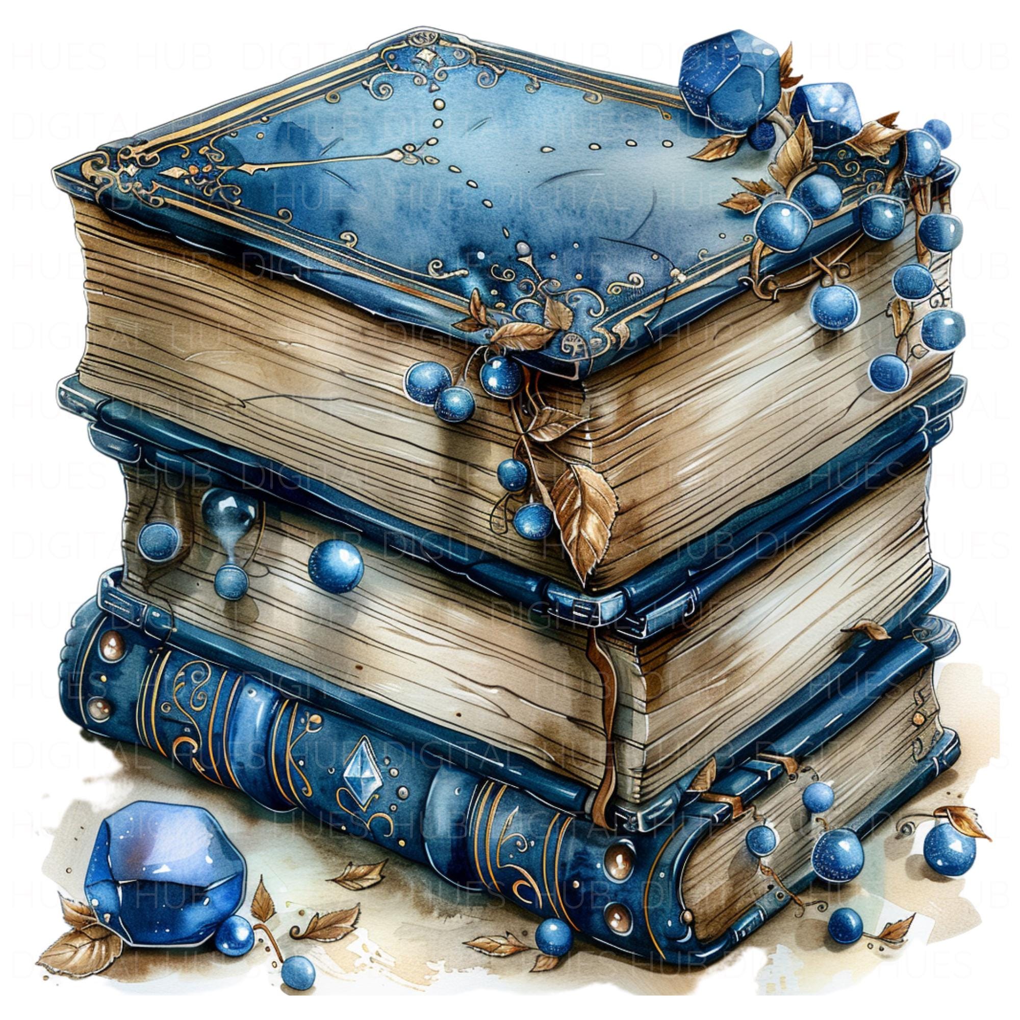 10 Blue Magic Book Clipart Watercolor Old Book Pile Fantasy Clipart ...