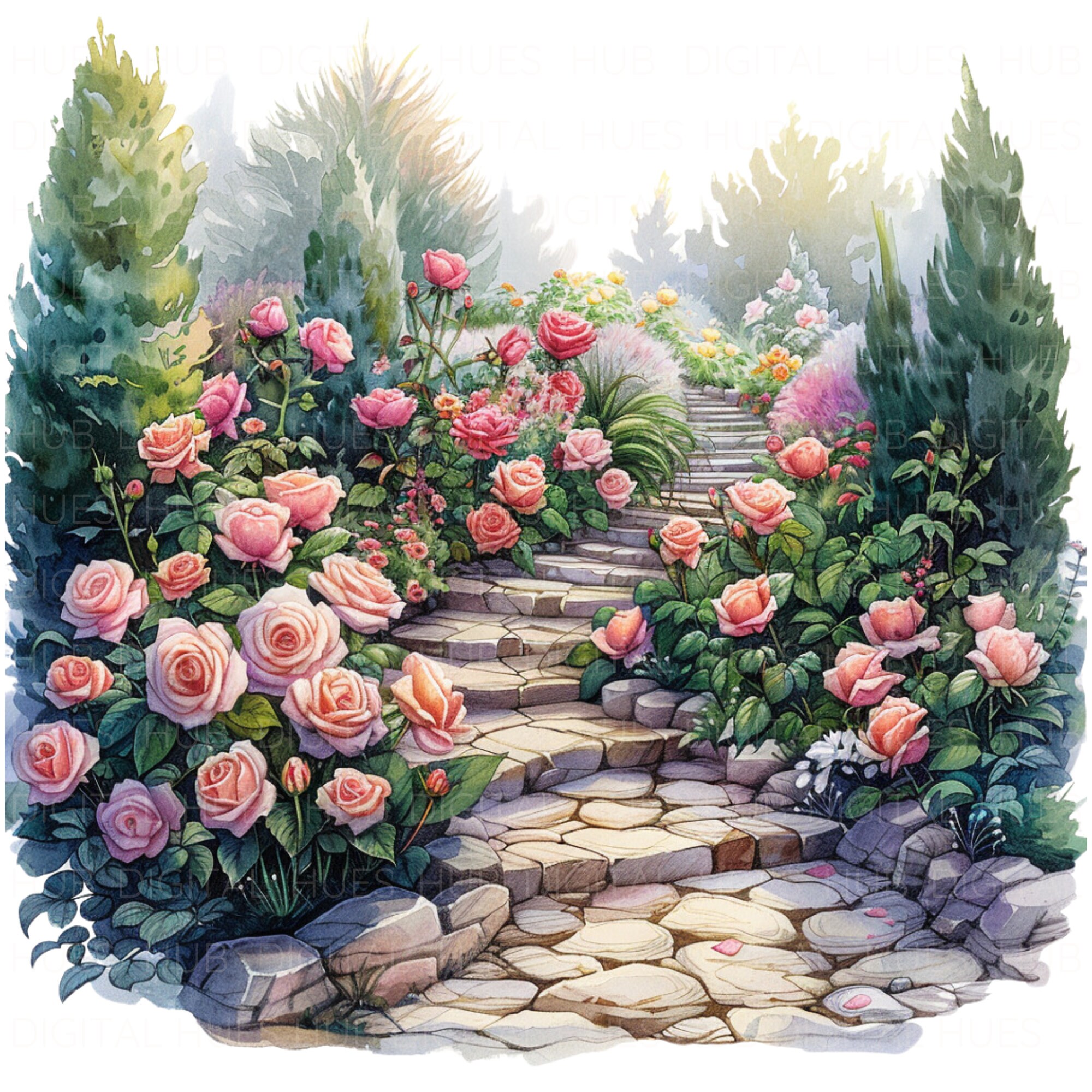 12 Rose Garden Stone Path Clipart Bundle Watercolor Stone Stairs ...