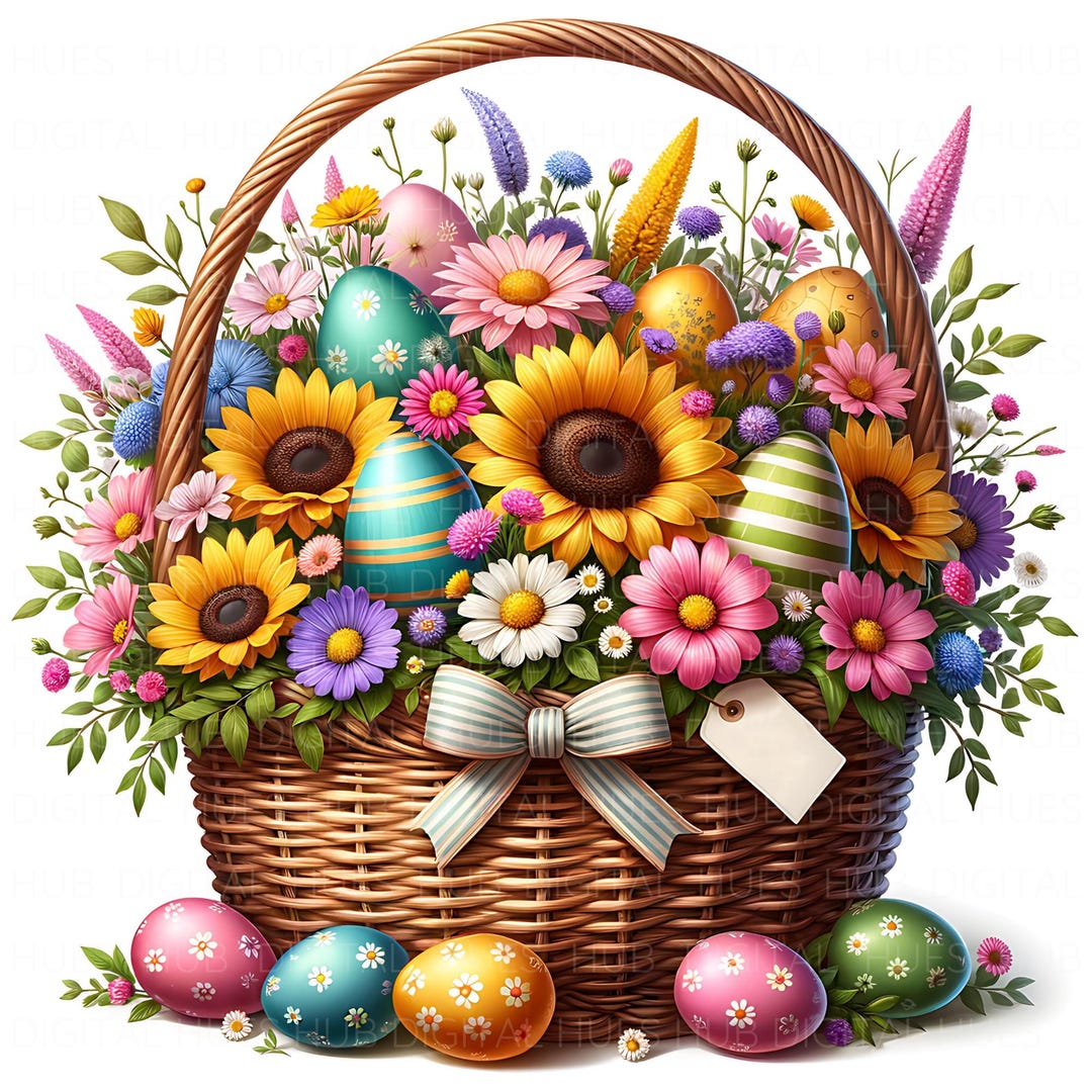 10 Floral Easter Basket Clipart: Watercolor Spring Flowers and Eggs ...