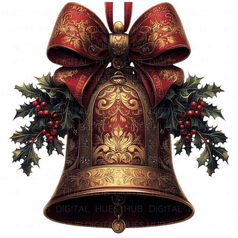12 Antique Christmas Bell Clipart Watercolor Holiday Graphics Printable ...