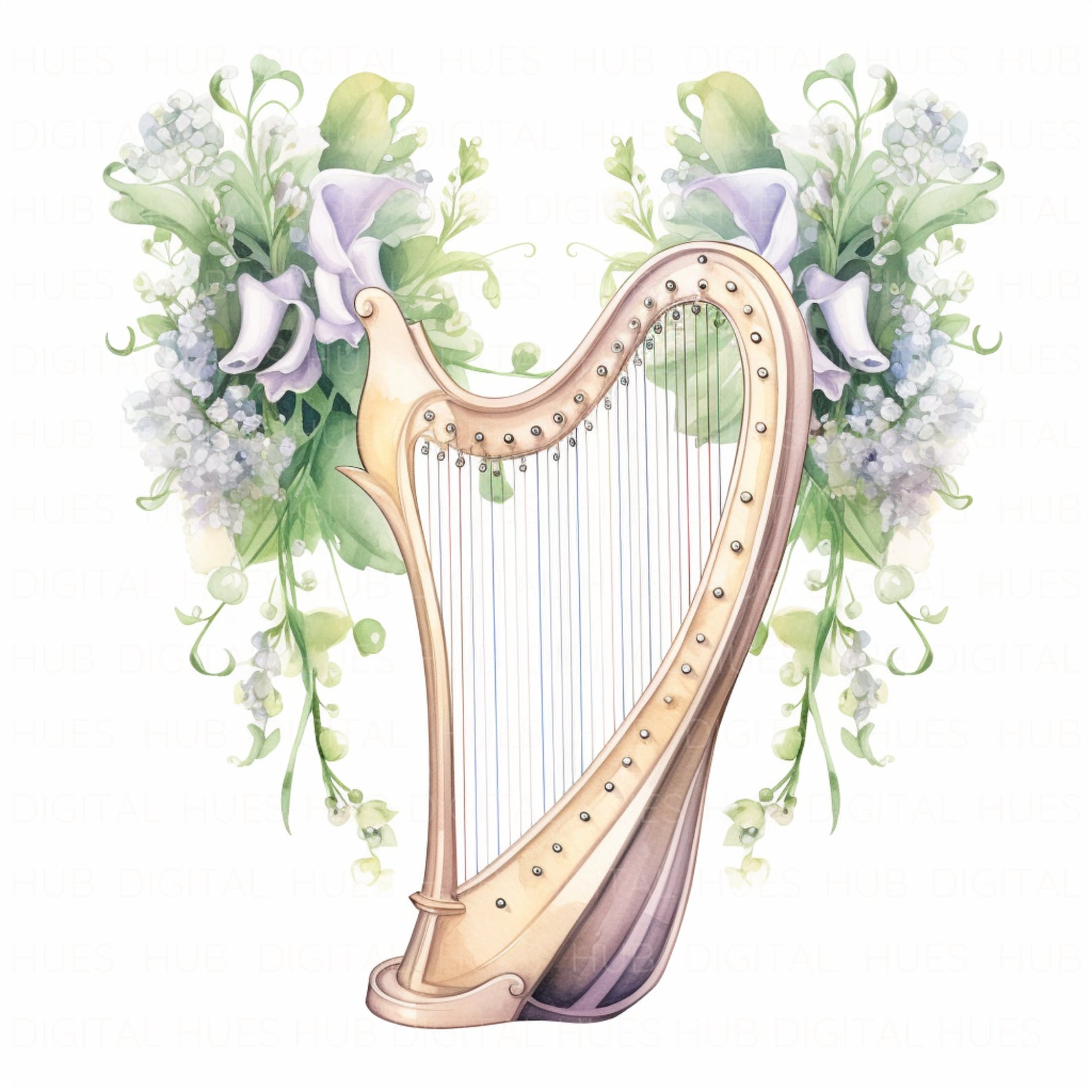 12 Watercolor Floral Harp Clipart Bundle Magic Lyre Printable High ...