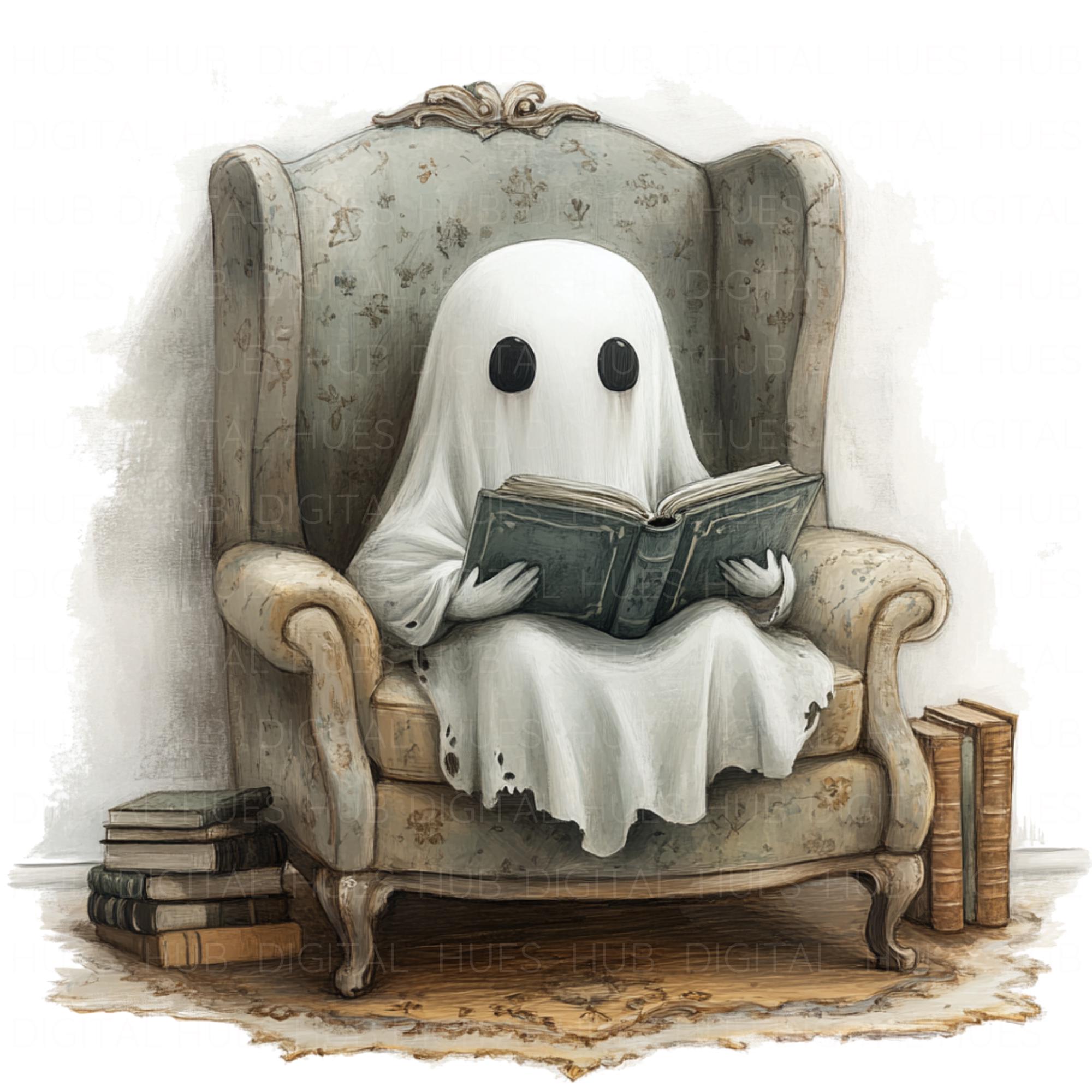 13 Cute Ghost Reading Book in Armchair Clipart Watercolor Kawaii Ghost ...