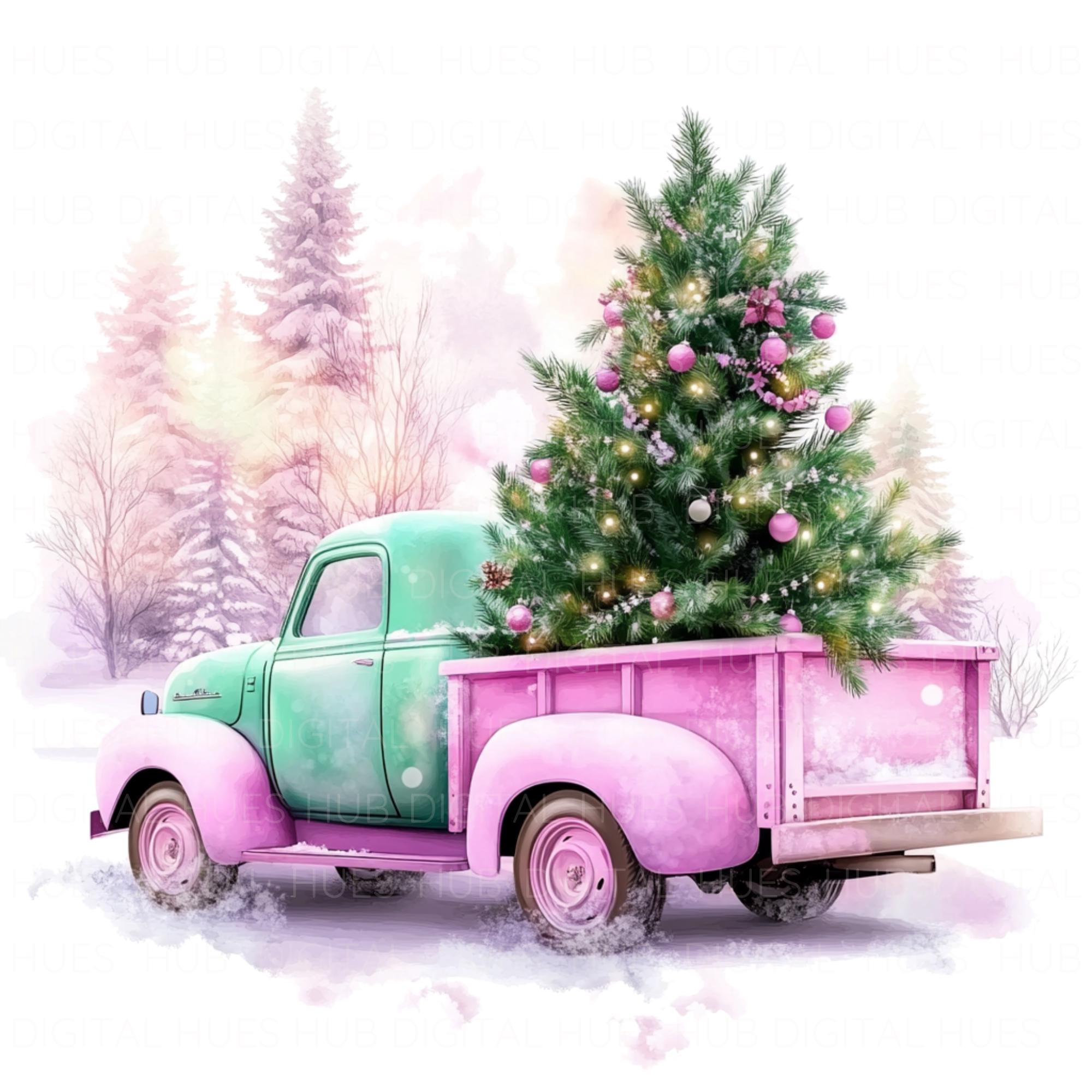 13 Christmas Tree Truck Clipart Watercolor Colorful Holiday Pickup ...