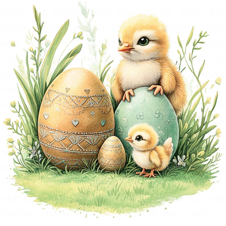 14 Easter Baby Chick With Easter Eggs Clipart Watercolor Cute Chicken ...