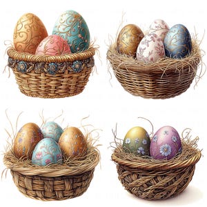 15 Colorful Easter Egg Basket Clipart Watercolor Eggs for Easter ...