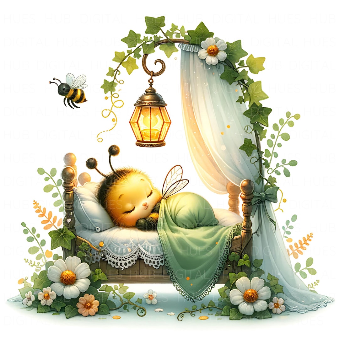 13 Baby Bee Sleeping in Bed Clipart Floral Baby Bee Cartoon Bumble Bee nursery Printable High ...