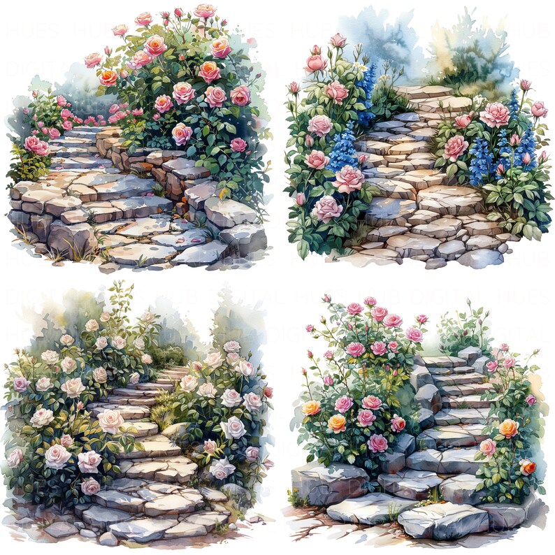 12 Rose Garden Stone Path Clipart Bundle Watercolor Stone Stairs ...