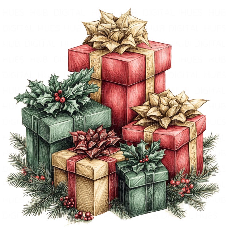 12 Christmas Gifts Clipart Watercolor Festive Holiday Wrapped Boxes ...