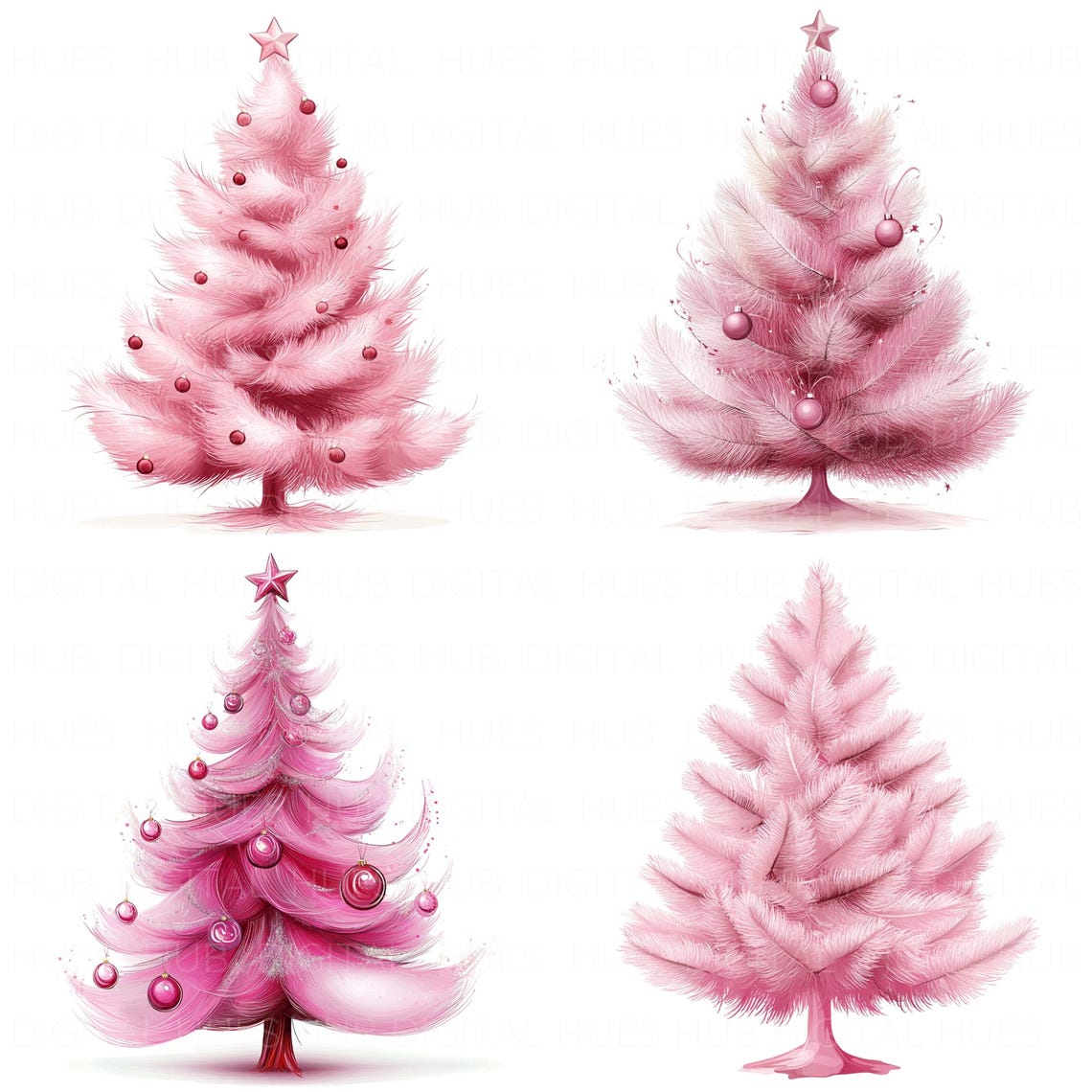 12 Pink Christmas Tree Clipart: Watercolor Festive Christmas Art JPEG ...