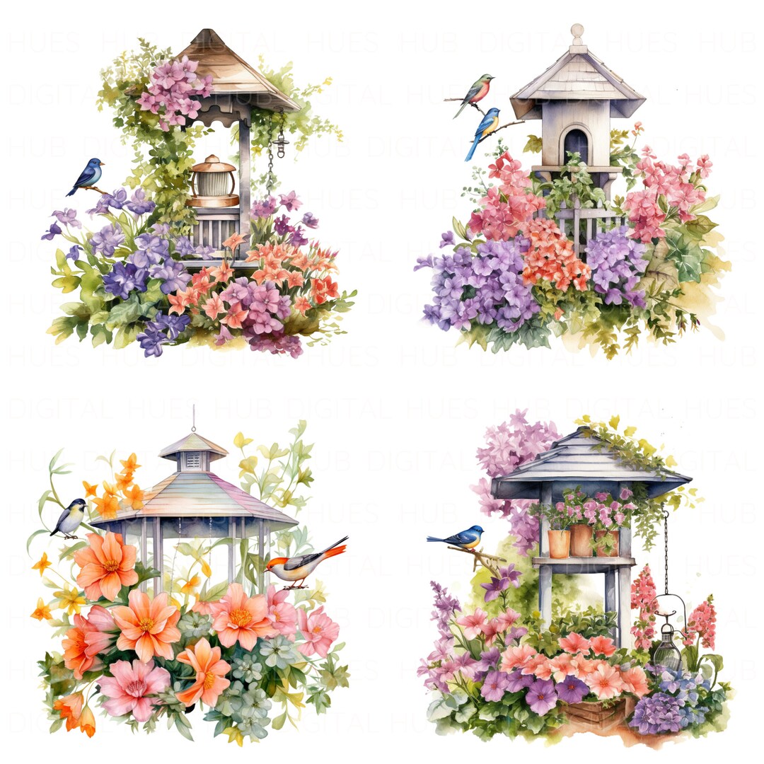 12 Floral Bird Feeder Clipart Bundle Watercolor Bird House Clipart High ...