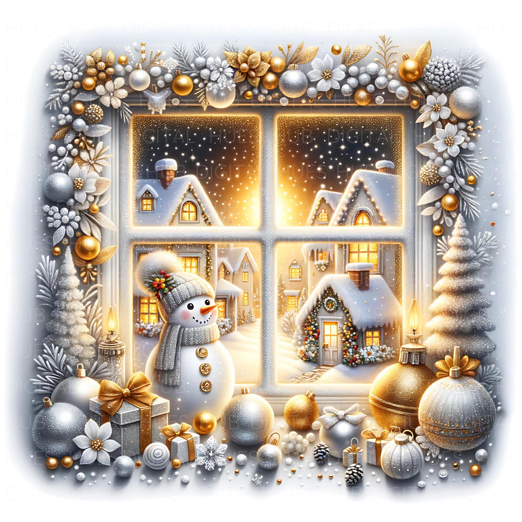 10 Christmas Window Scene Clipart: Watercolor Cozy Winter Village JPEG ...
