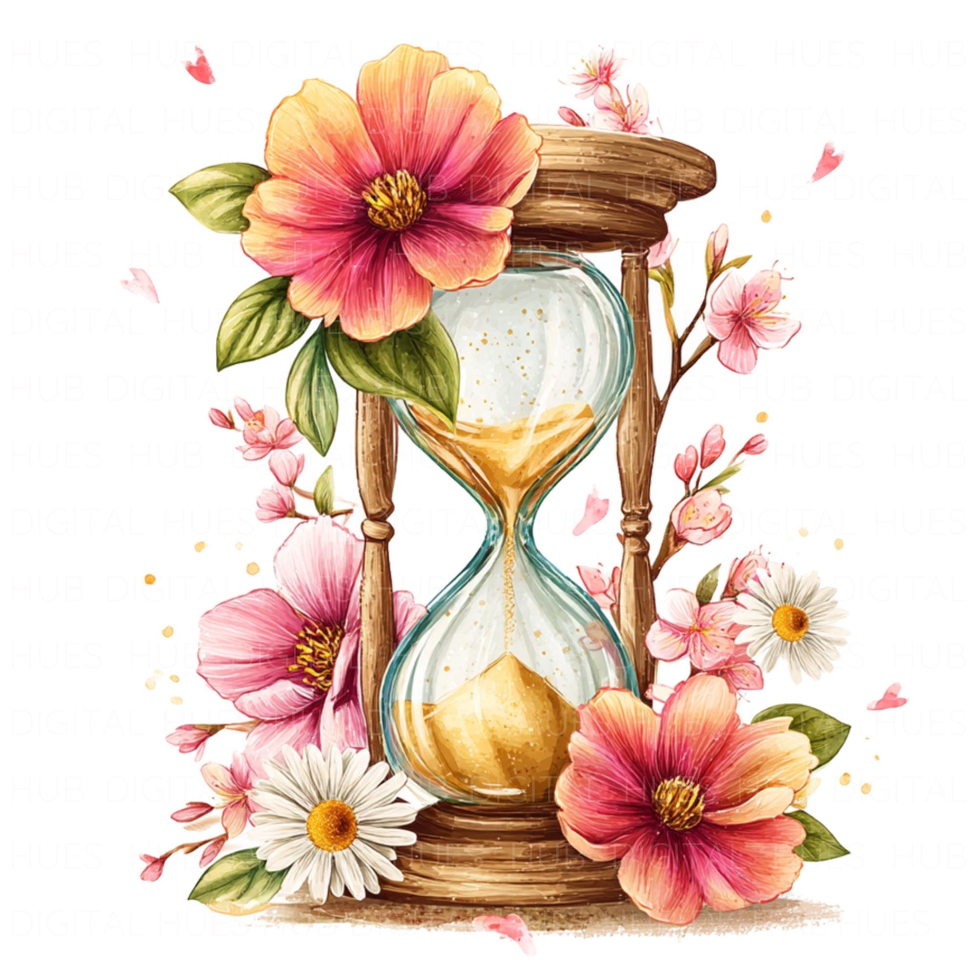 13 Floral Hourglass Clipart Watercolor Sand Clock Art Sandglass Timer ...