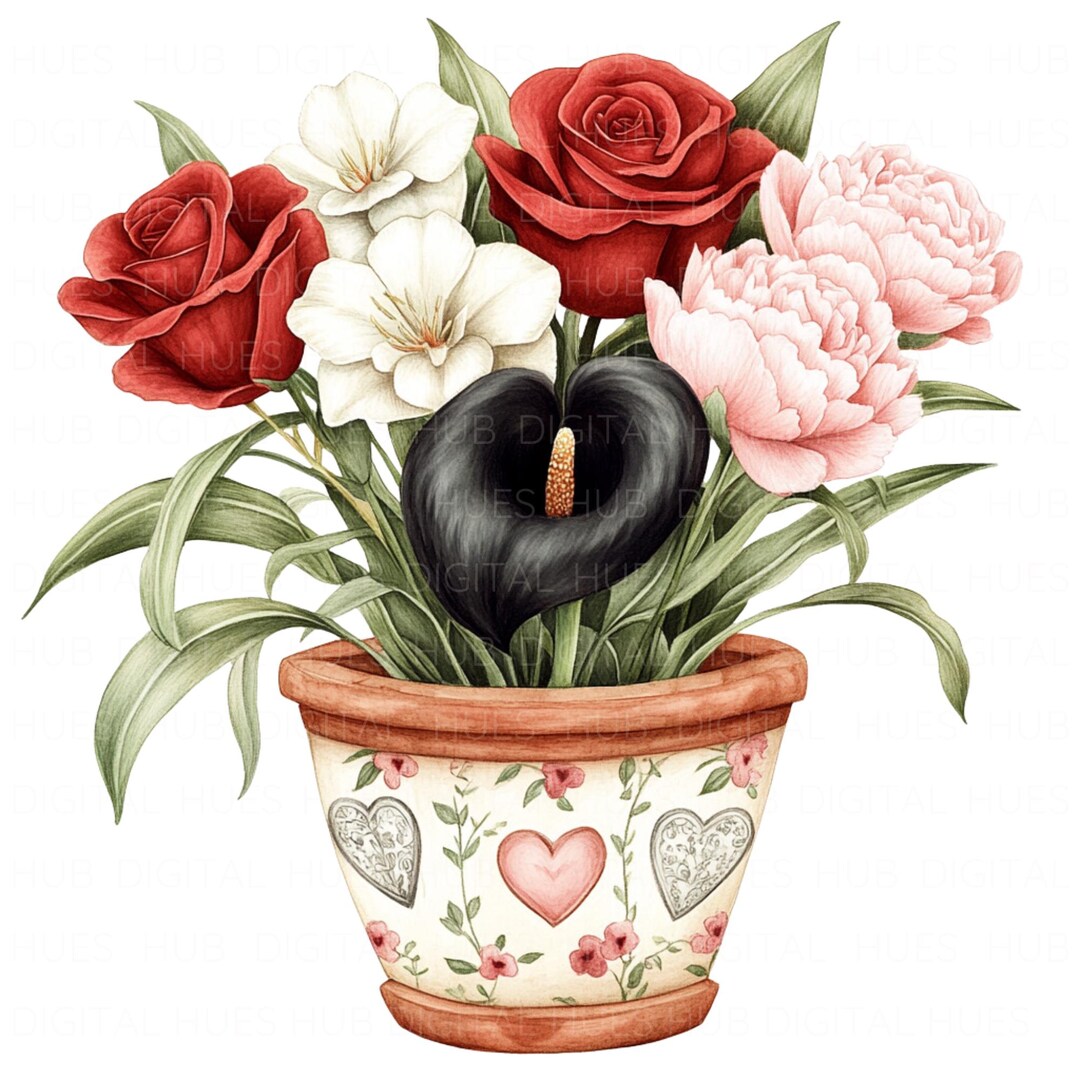 12 Valentine Flower Pot Clipart Watercolor Love Flowers Nature Art ...
