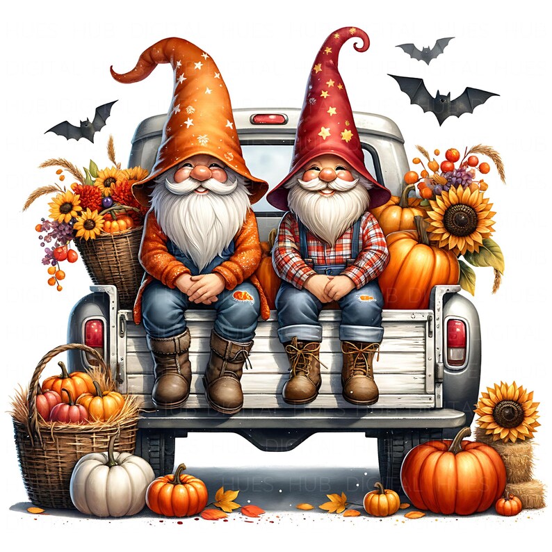 12 Fall Gnome Truck Clipart: Watercolor Autumn Harvest Pumpkins ...