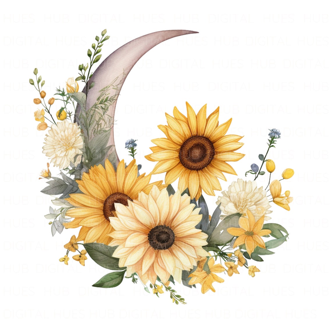 14 Sunflower Moon Clipart Watercolor Floral Moon Nursery Bedroom Art ...