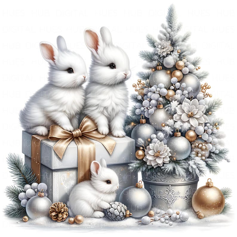 11 White Christmas Bunny Clipart: Watercolor Winter Rabbit JPG, Cute ...