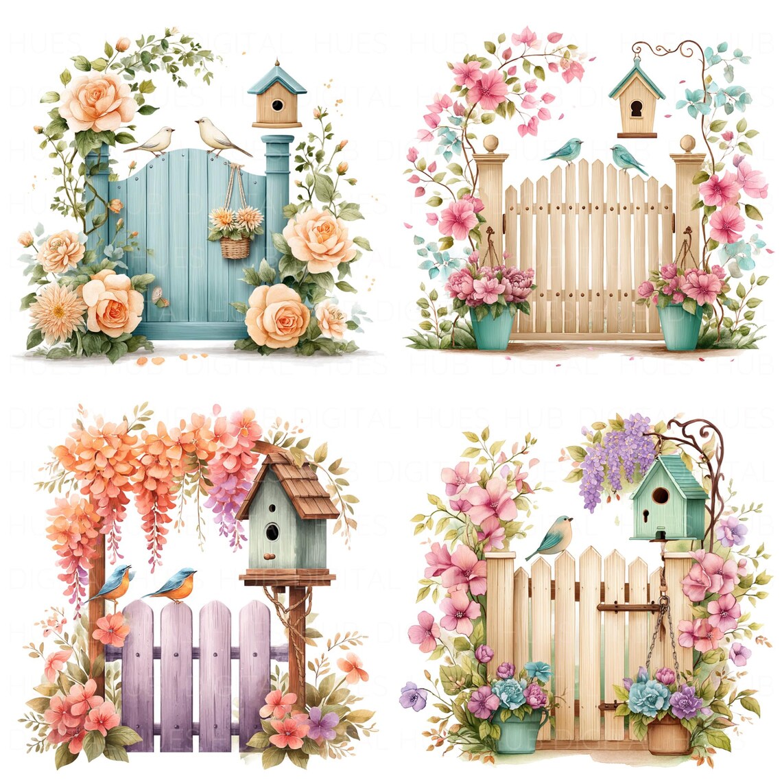 18 Wooden Garden Gate Clipart Watercolor Vintage Flower Gates Spring ...