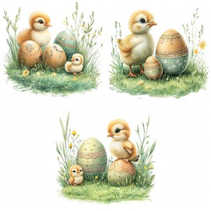 14 Easter Baby Chick With Easter Eggs Clipart Watercolor Cute Chicken ...