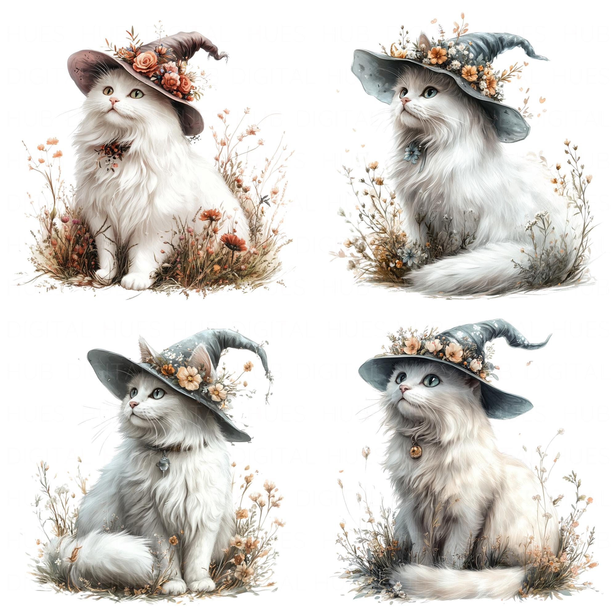 15 Halloween Cat Clipart Watercolor White Cat With Witch Hat Clipart ...