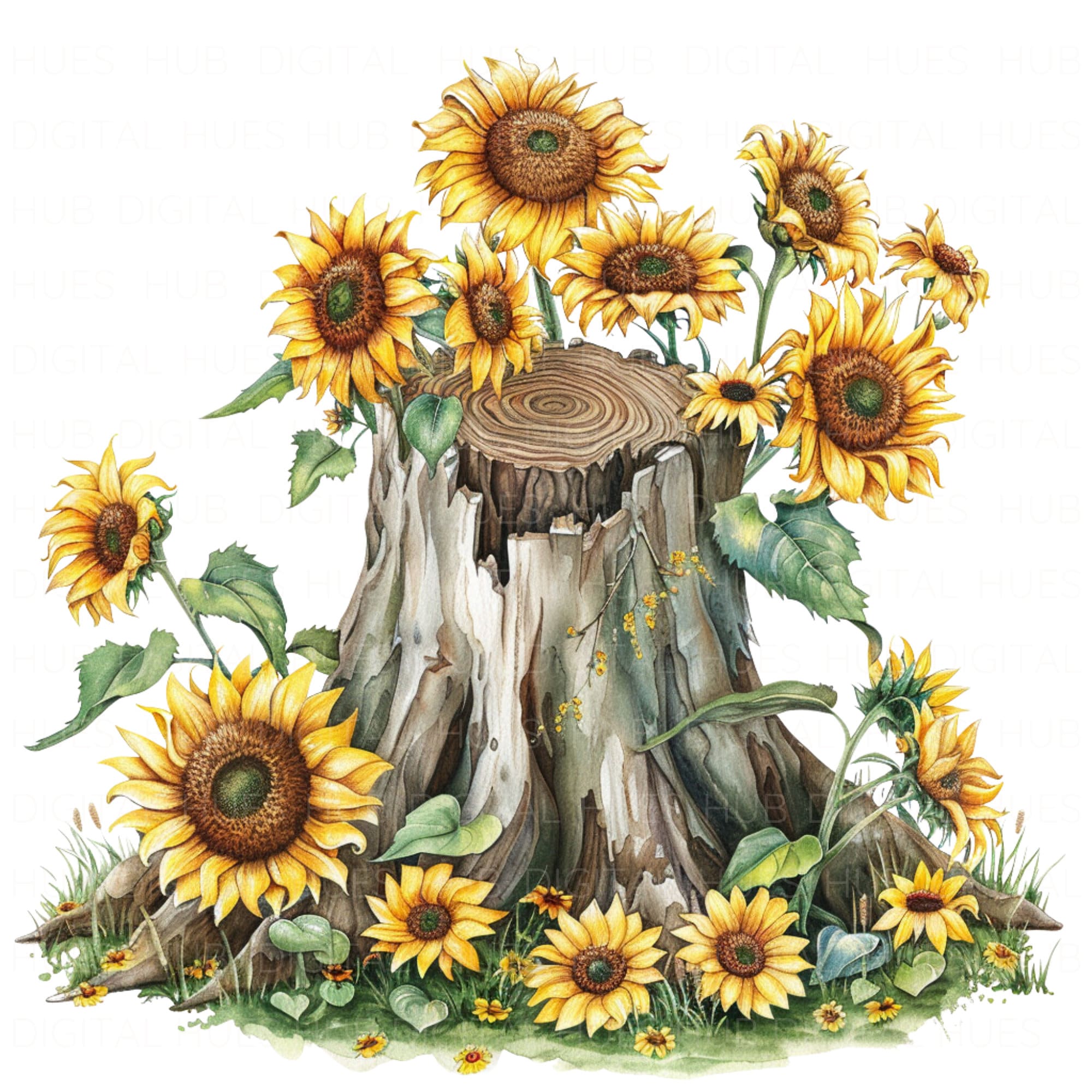 10 Floral Tree Stump Clipart Bundle Watercolor Sunflower Tree Trunk ...