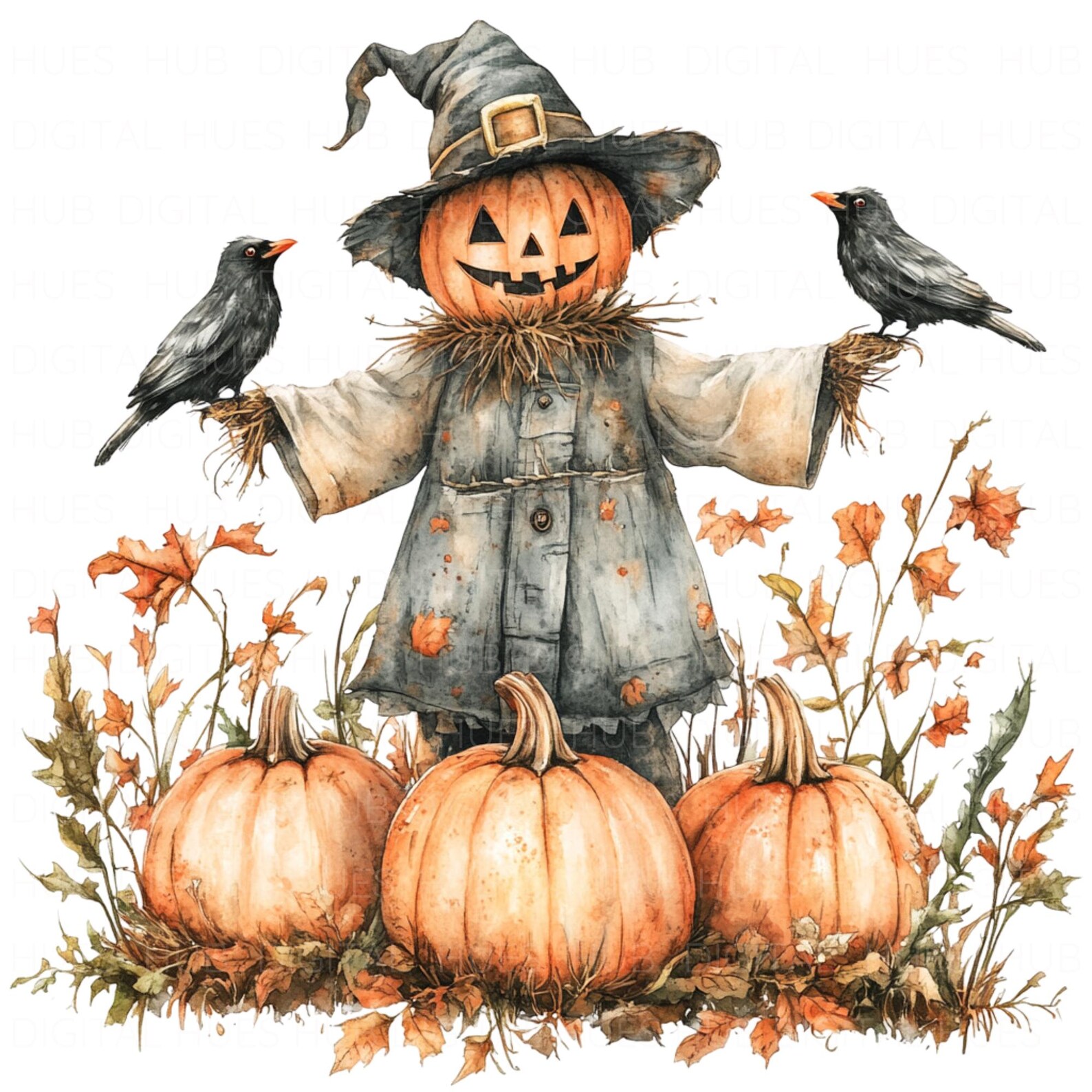 12 Scarecrow Pumpkin Patch Clipart Watercolor Halloween Autumn ...