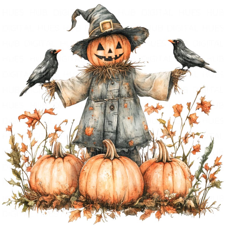 12 Scarecrow Pumpkin Patch Clipart Watercolor Halloween Autumn ...