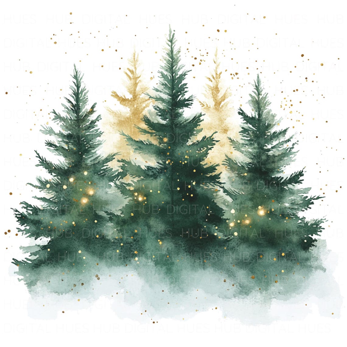 11 Pine Tree Clipart: Watercolor Green & Gold Christmas Tree JPEG ...