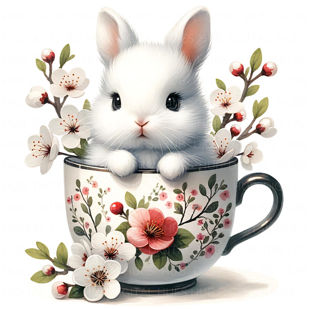 10 Cute Bunny in Tea Cup Clipart Watercolor Spring Flowers Printable ...