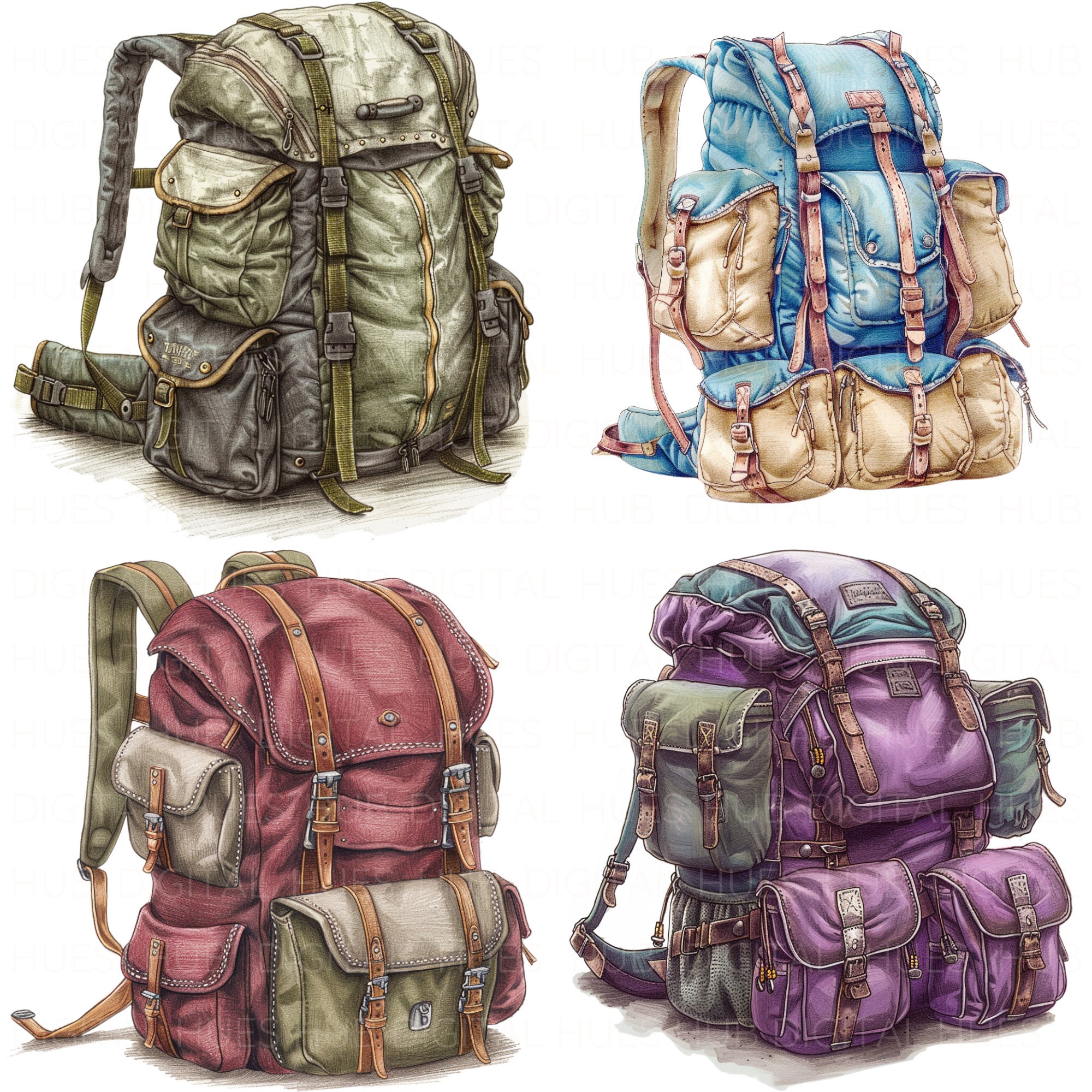 14 Trekking Backpack Set2 Clipart Bundle Watercolor Hiking Backpack ...