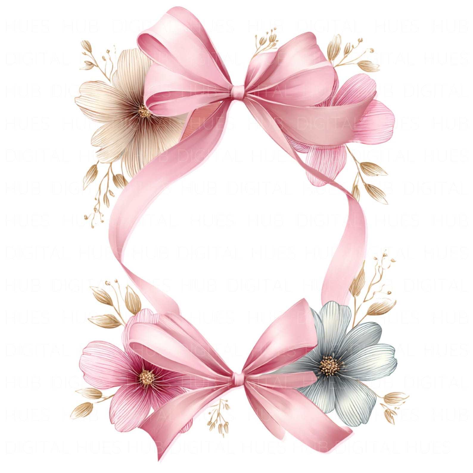 23 Pink Ribbon Bow Frame Clipart Watercolor Floral Pink Coquette Ribbon ...