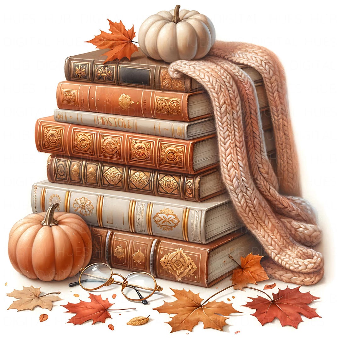 13 Autumn Books Pumpkin Tea Clipart Watercolor Stack of Books Reading ...