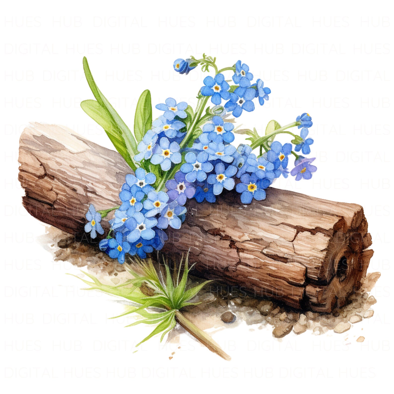 15 Forget Me Not on Log Clipart Bundle Watercolor Forget Me Not ...