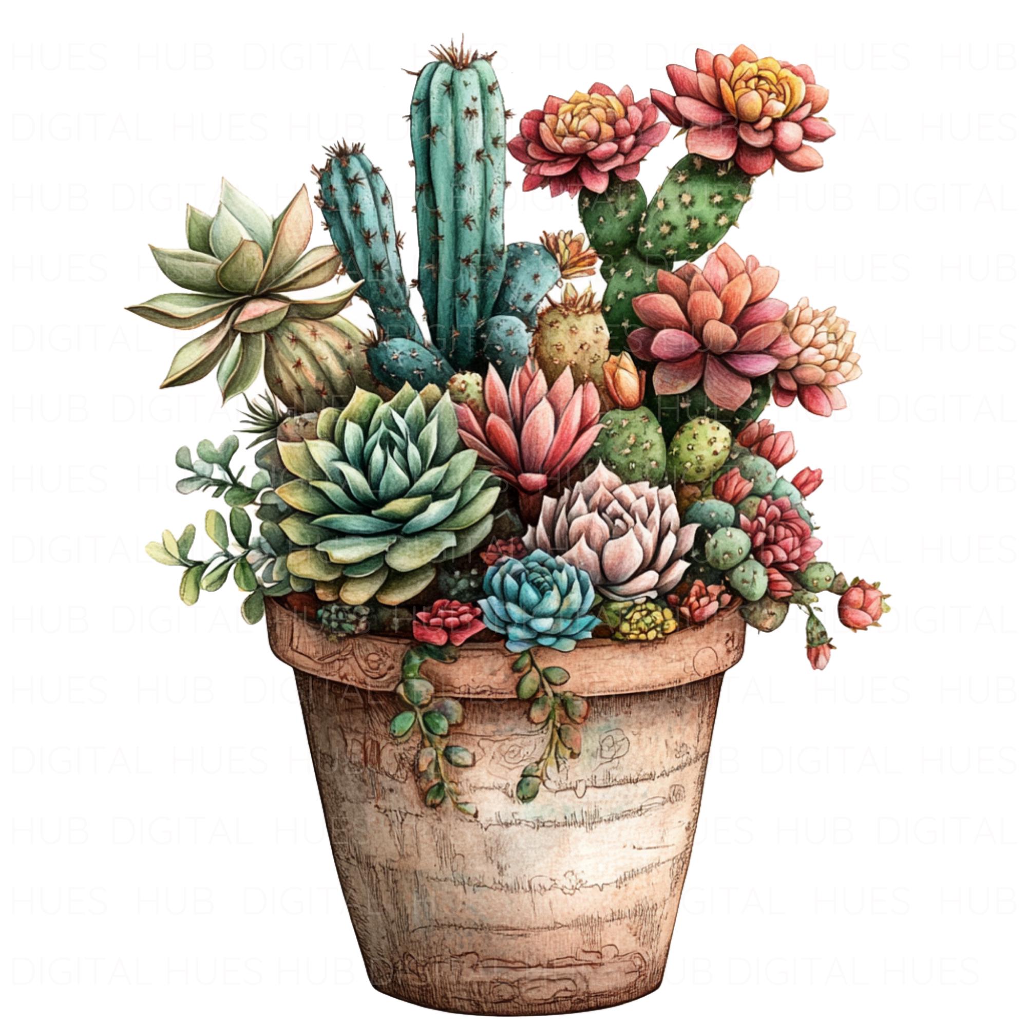 13 Succulent Pot Clipart Watercolor Potted Indoor Cactus Succulent ...