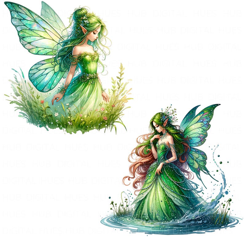 10 Green Forest Fairy Clipart Watercolor Magical Fantasy Fairy ...