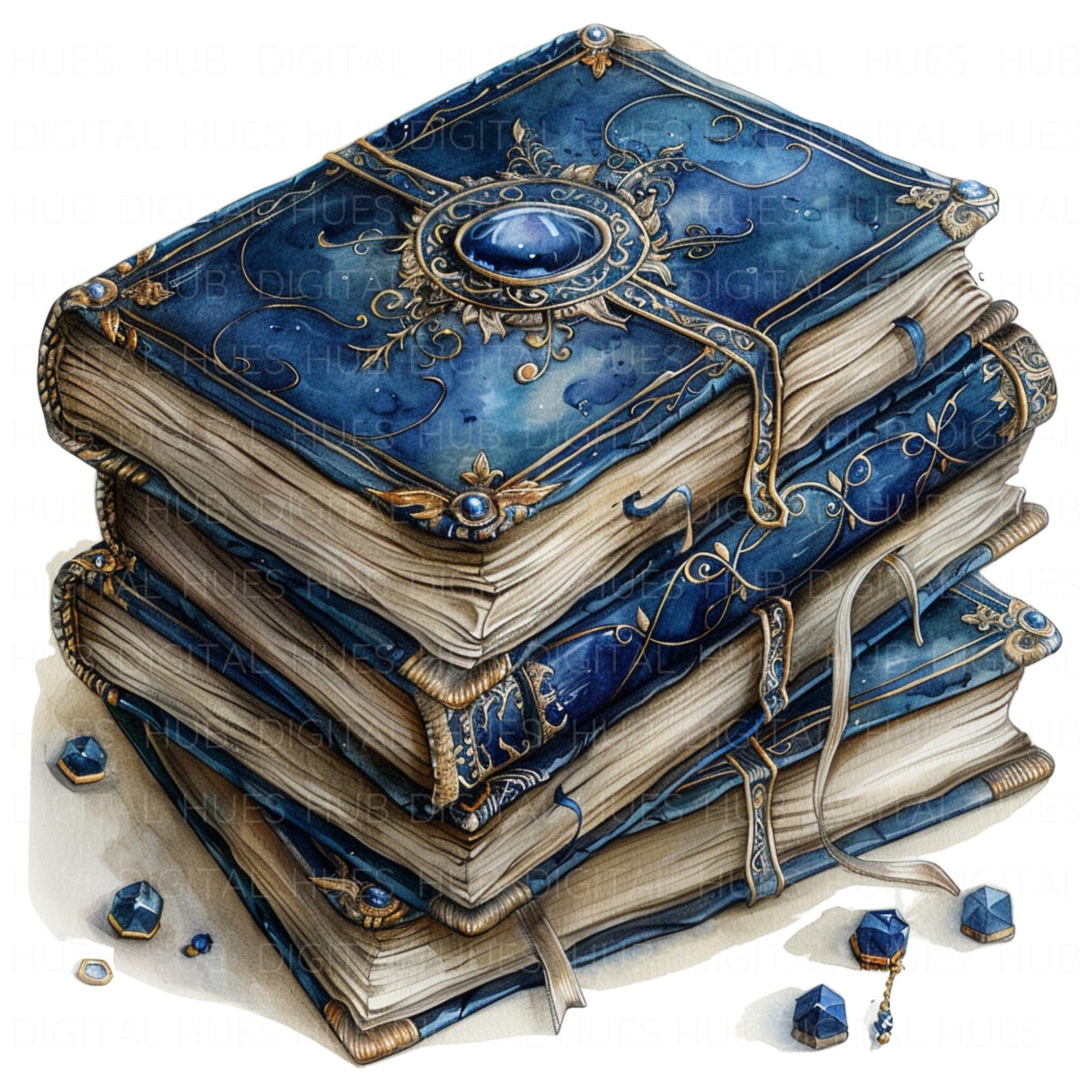 10 Blue Magic Book Clipart Watercolor Old Book Pile Fantasy Clipart ...