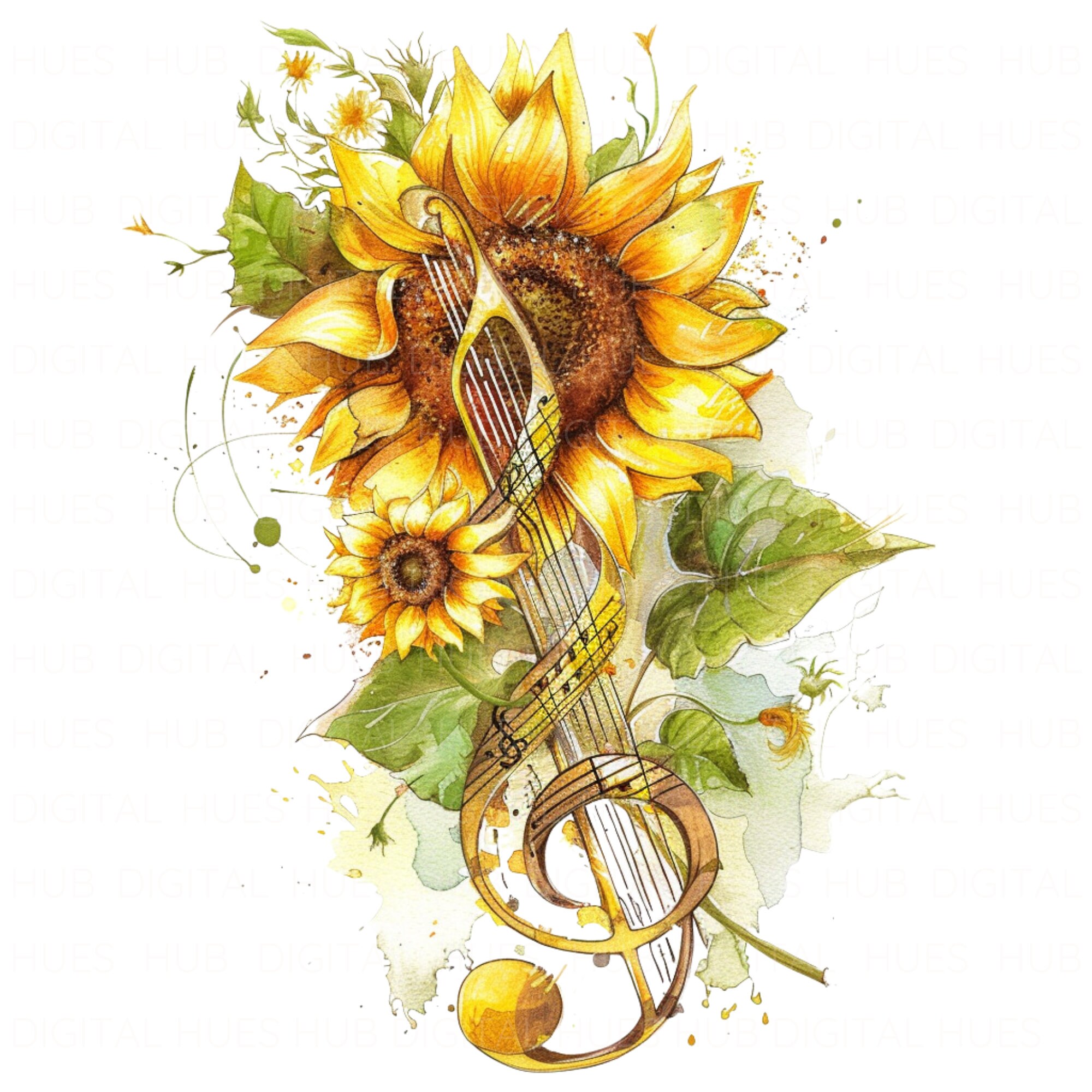 12 Sunflower Music Note Art Clipart Bundle Watercolor Floral Music Note ...