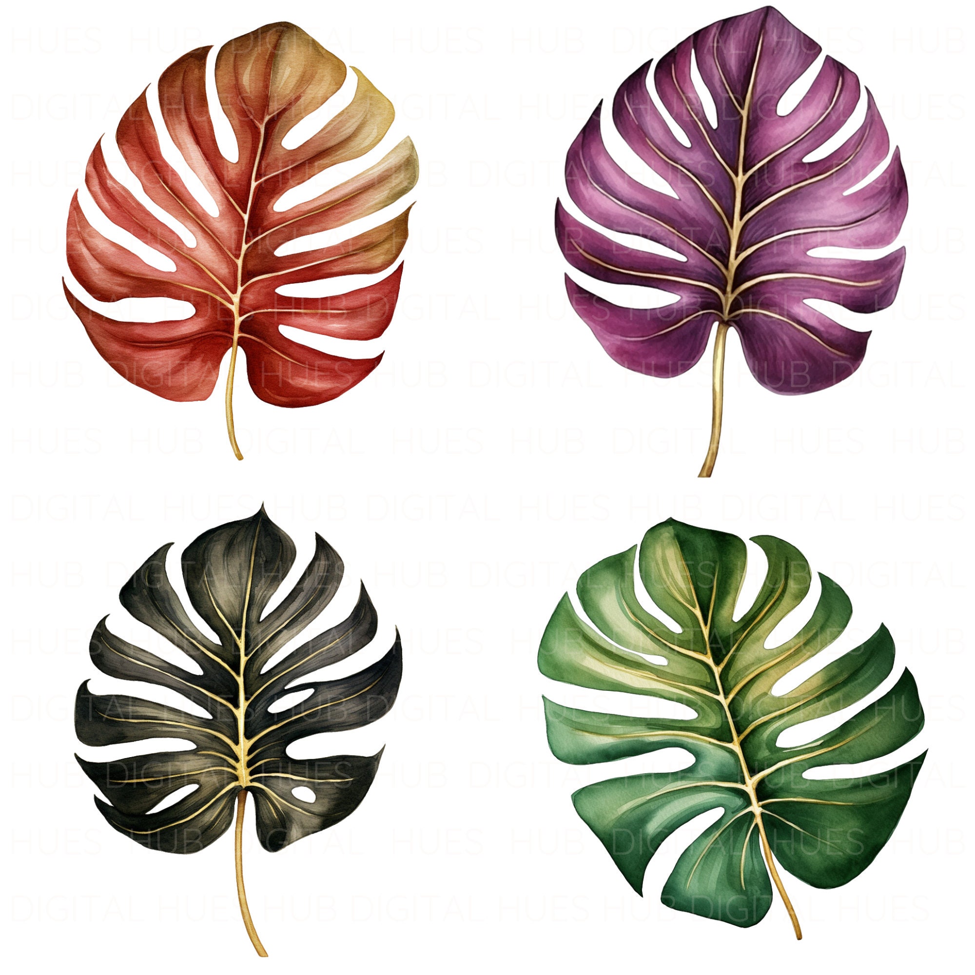 15 Colorful Monstera Leaf Clipart Botanical Clipart Watercolor Monstera ...