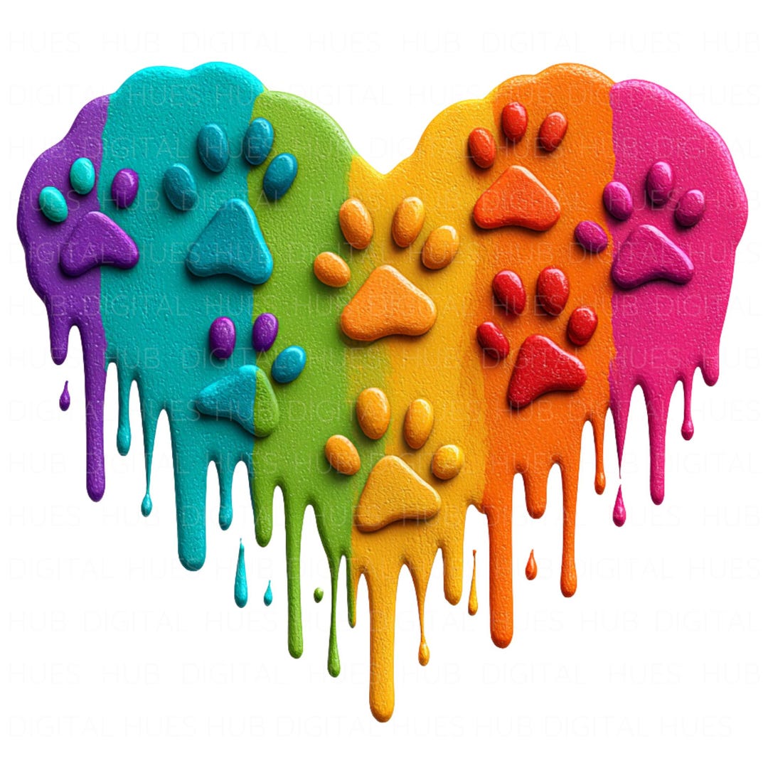 12 Paw Print Valentine Heart Clipart: Watercolor Colorful Heart PNG ...