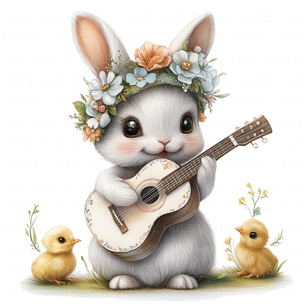 14 Easter Bunny Playing Guitar Clipart Watercolor Bunny and Chick ...