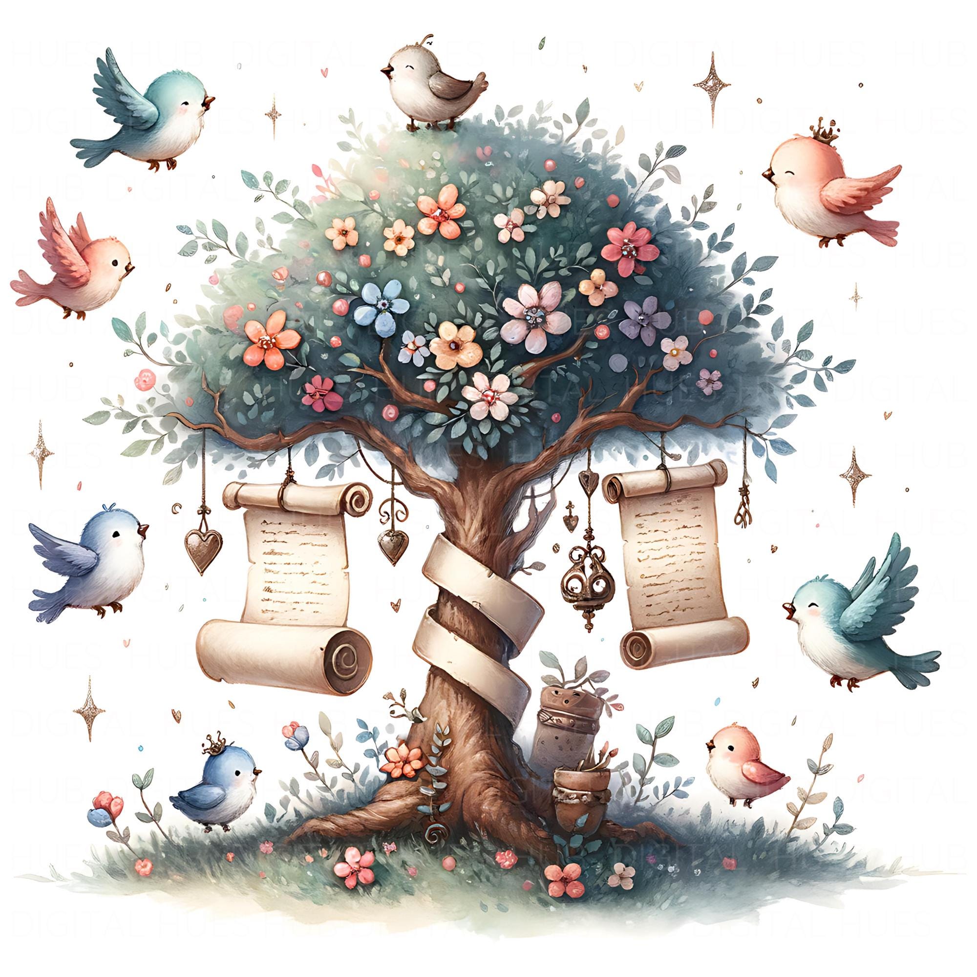 12 Whimsical Enchanted Tree Clipart With Birds and Scrolls Pastel ...