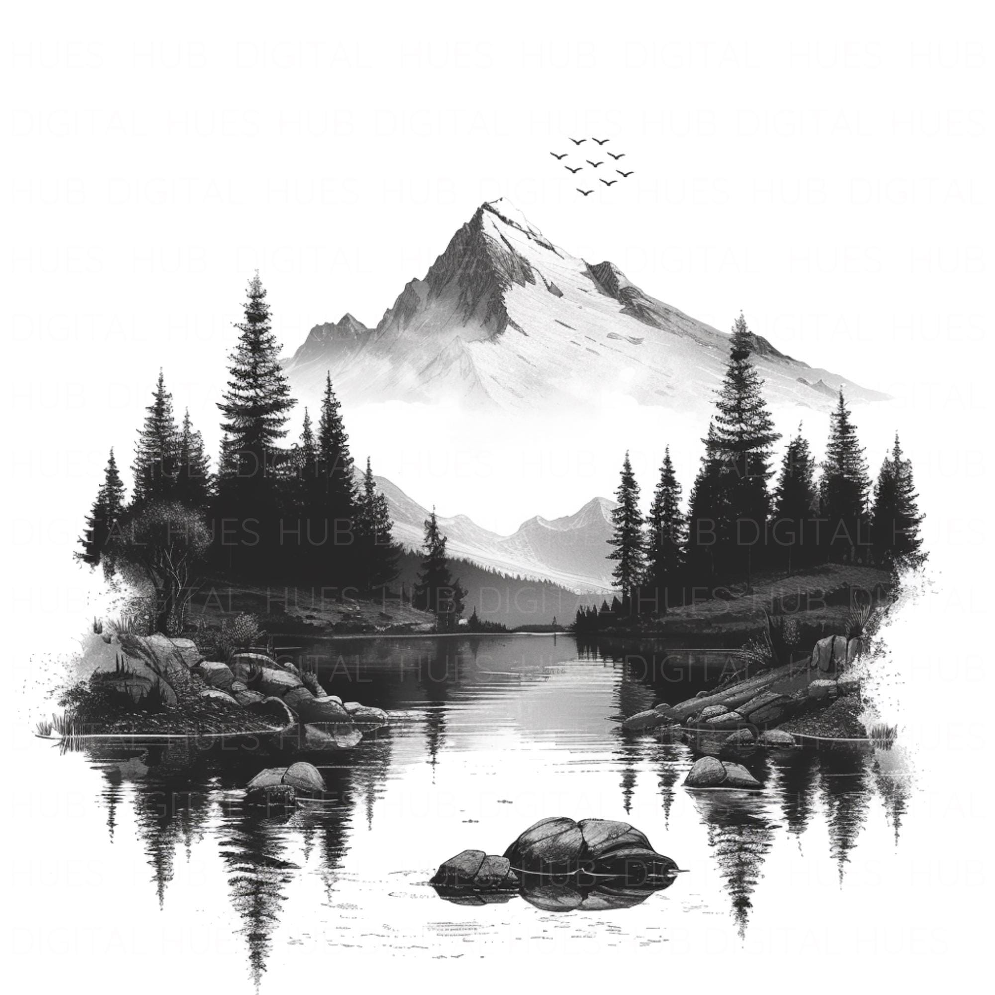 15 Black White Landscape Clipart Bundle Lake Mountain Sketch Clipart ...