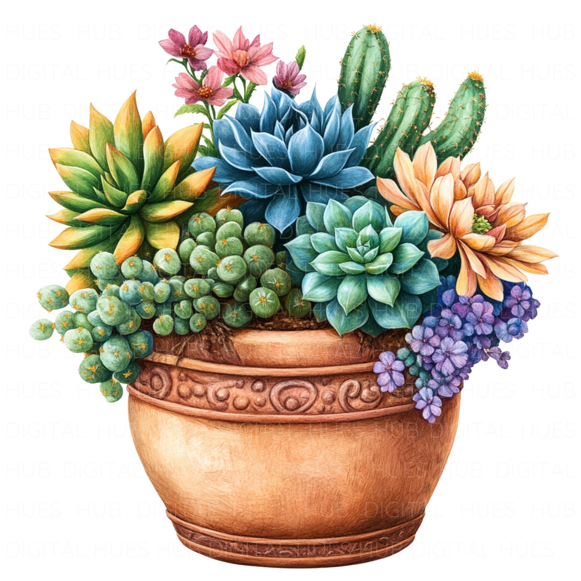 13 Succulent Pot Clipart Watercolor Potted Indoor Cactus Succulent ...