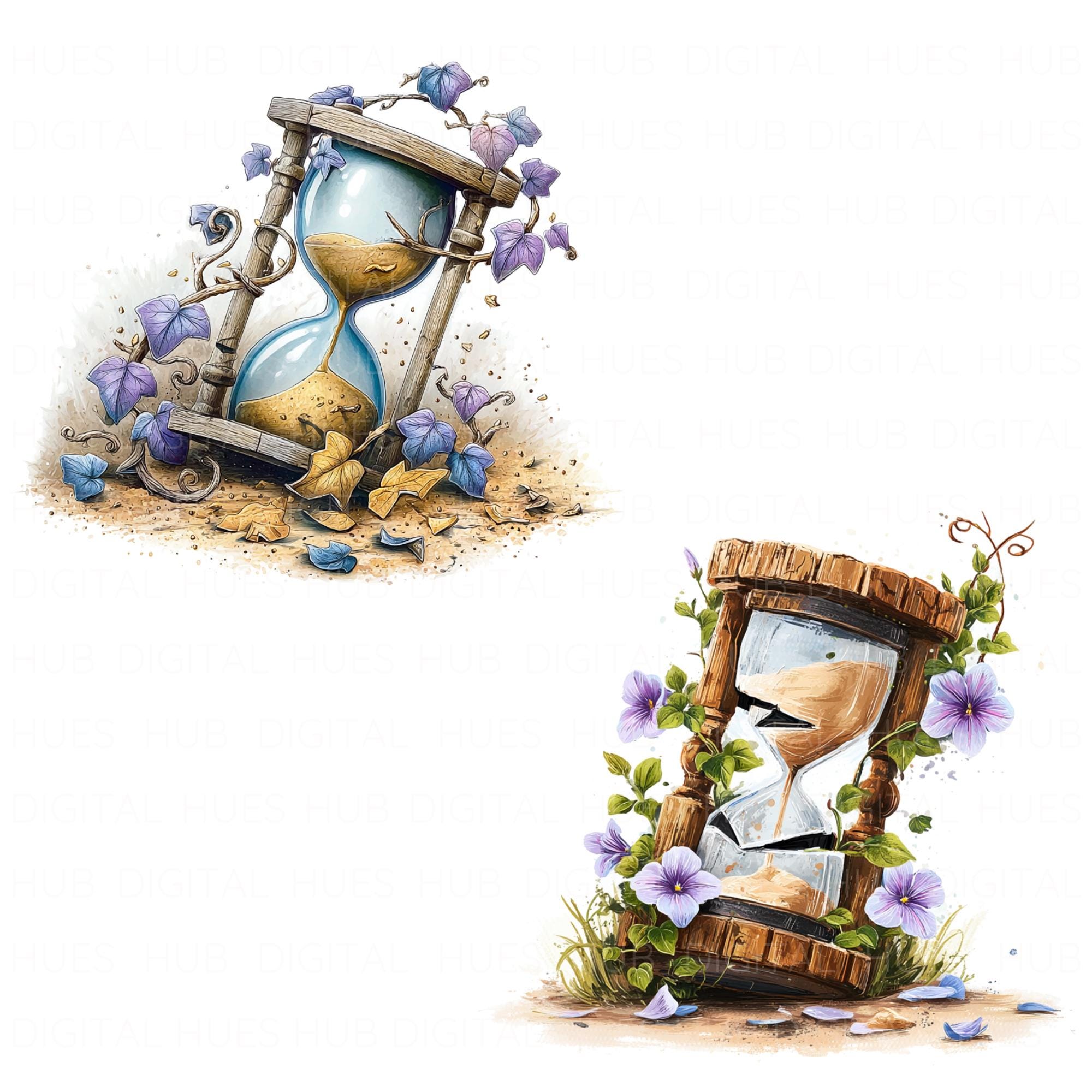 16 Broken Hourglass Clipart Watercolor Sand Clock Art Sandglass Timer ...