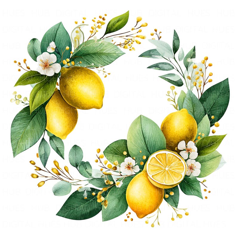 13 Lemon Wreath Clipart Watercolor Sunny Summer Fruit Wreath Lemon ...