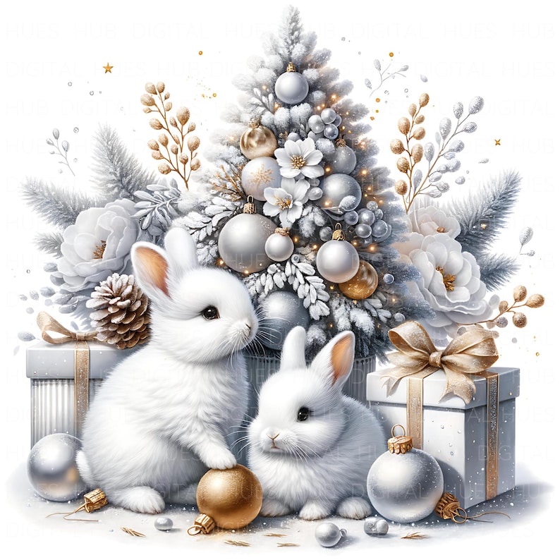 11 White Christmas Bunny Clipart: Watercolor Winter Rabbit JPG, Cute ...