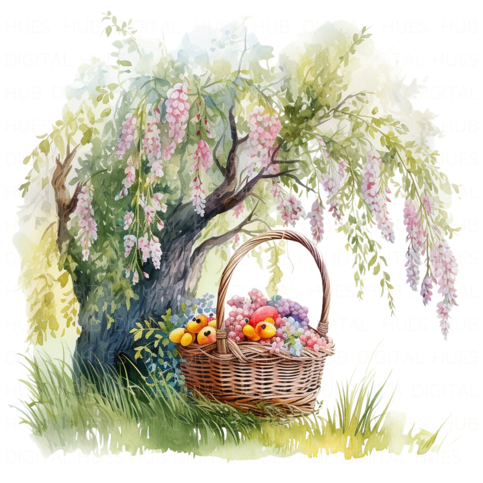 16 Wicker Basket Under Tree Clipart Bundle Watercolor Garden Clipart ...