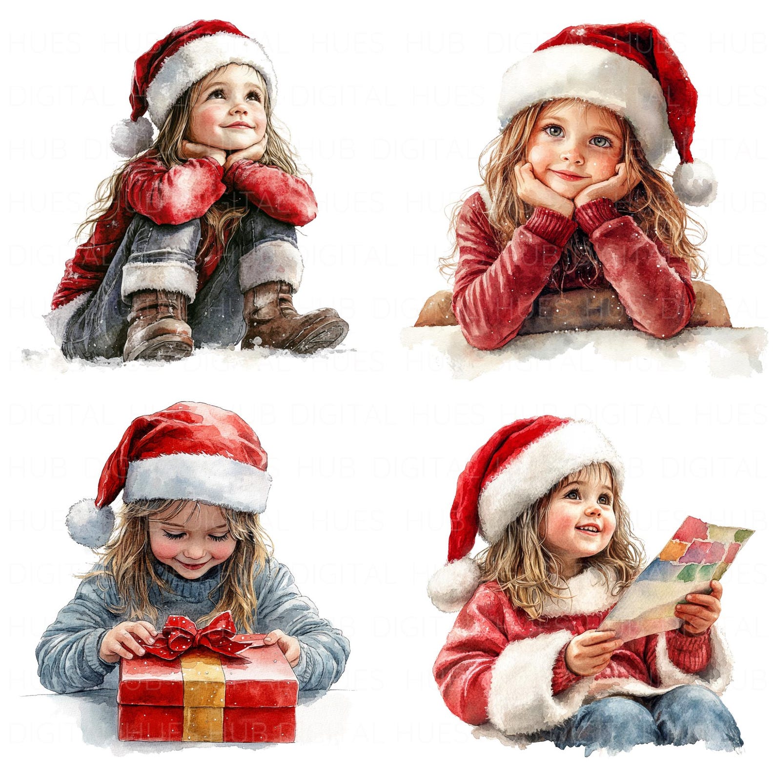 15 Little Girl Christmas Clipart Watercolor Girl With Santa Cap ...
