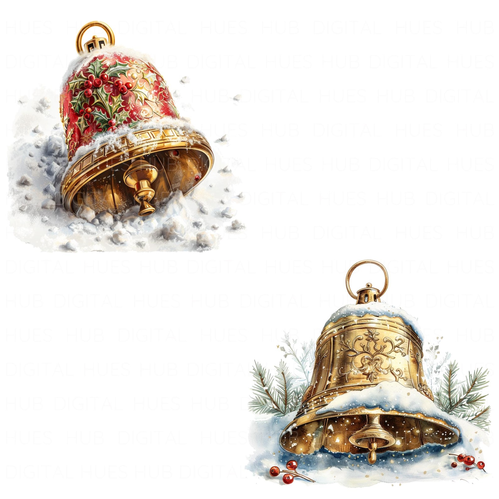 10 Christmas Bell in Snow Clipart Watercolor Holiday Graphics Printable ...